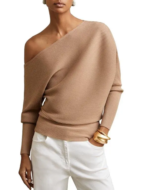 REISS Lorna Off-the-shoulder Ribbed Sweater - Camel