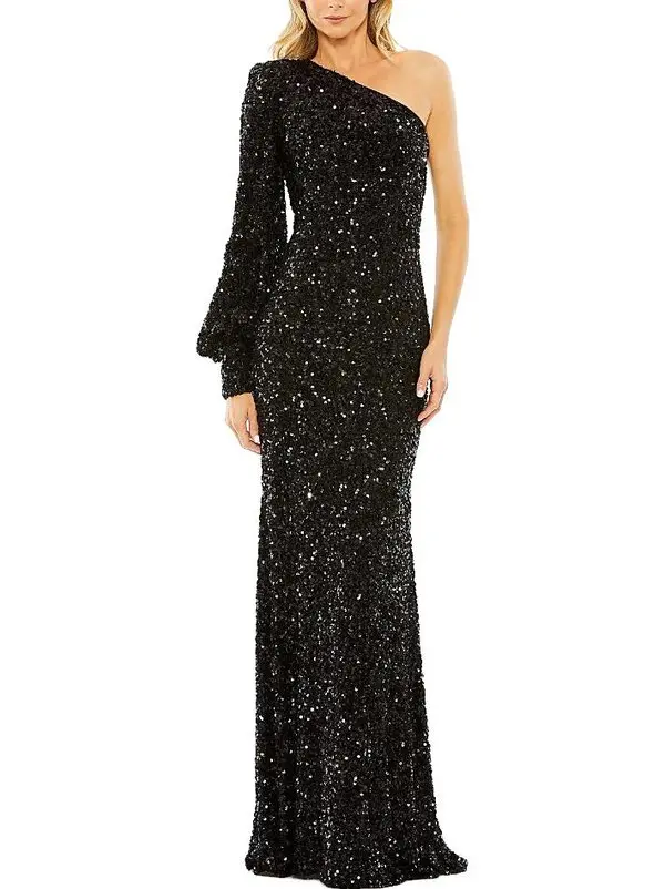 Mac Duggal Sequined One Shoulder Trumpet Gown - Black