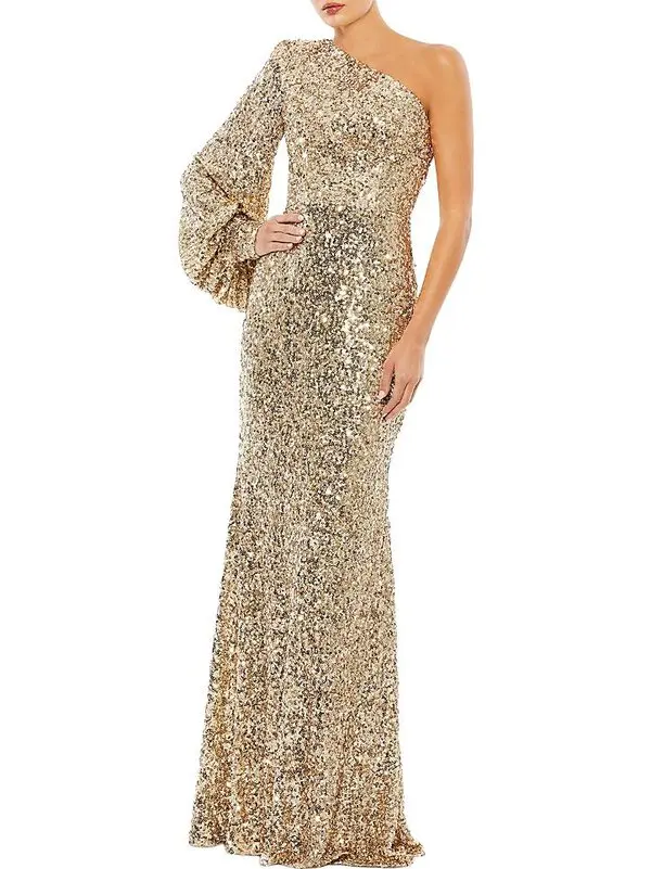Mac Duggal Sequined One Shoulder Trumpet Gown - Gold Tone