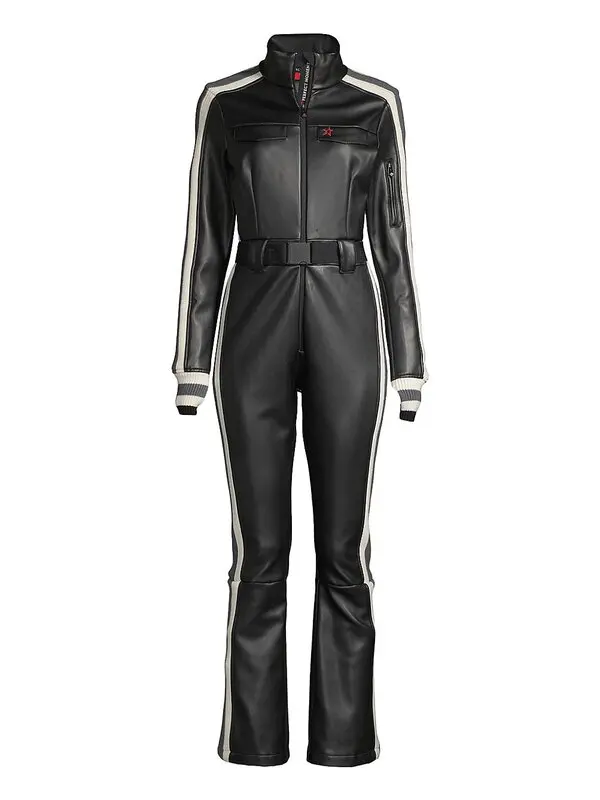 Perfect Moment Crystal Belted Stripe Faux Leather Ski Suit - Black