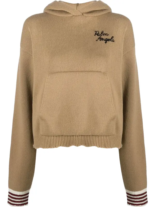 Palm Angels Embroidered Logo Knitted Hoodie - Brown