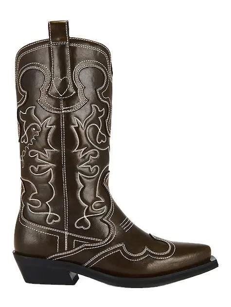 GANNI Mid-shaft Embroidered Western Boots - Dark Olive & Egret