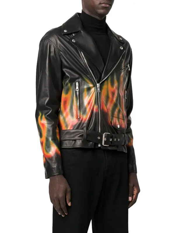 Palm Angels Flame-print Leather Jacket - Black