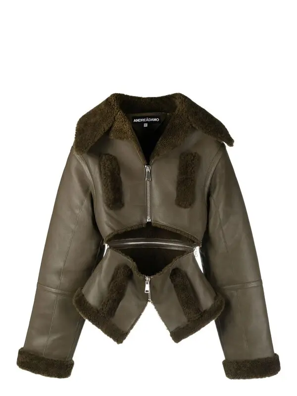 ANDREĀDAMO Cut-out Shearling-trim Leather Jacket - Green