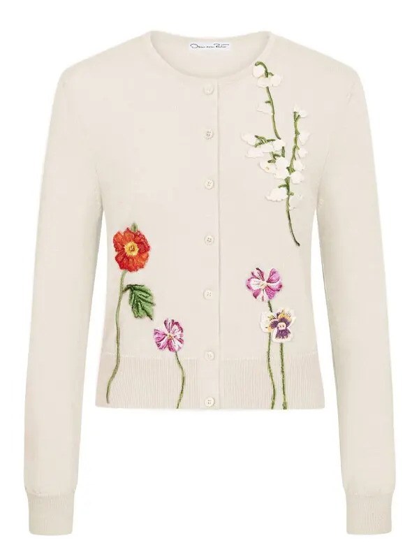 Oscar De La Renta Mixed Botanical Threadwork Cardigan - Ivory