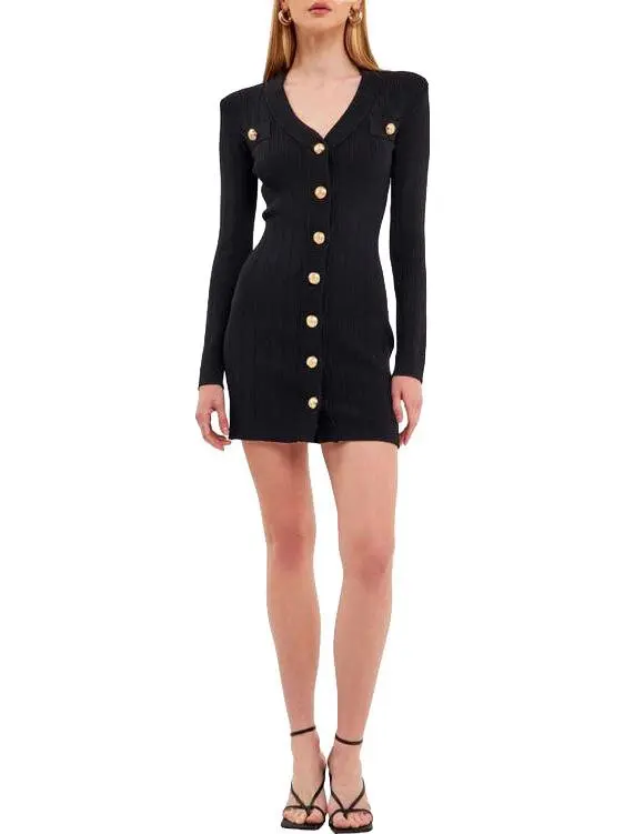 Endless Rose Padded Shoulder Sweater Mini Dress - Black