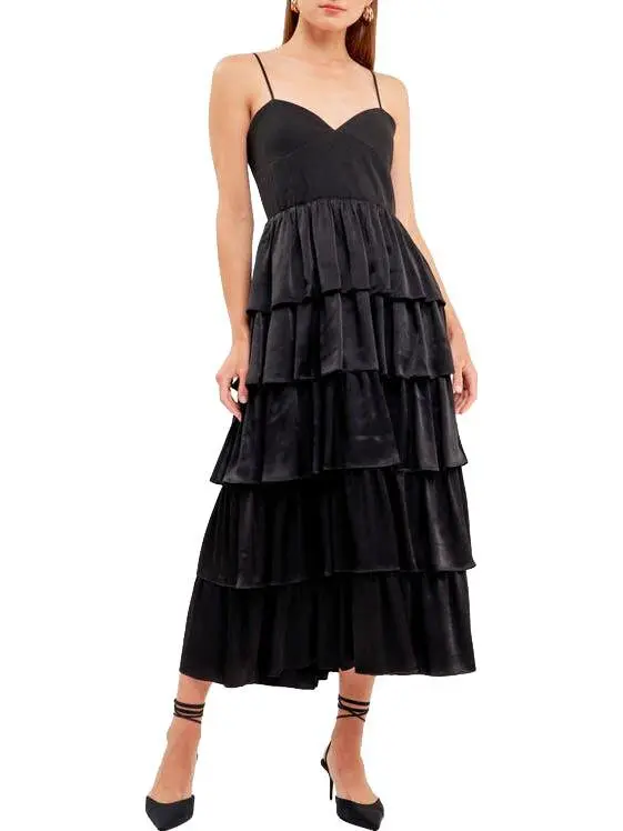 Endless Rose Tiered Satin Midi Dress - Black