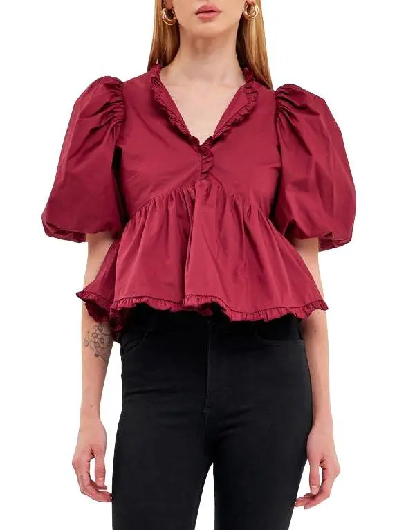 Endless Rose Ruffle Trim Peplum Top - Burgundy