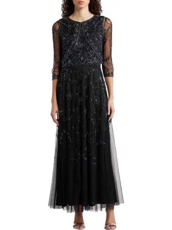 Pisarro Nights Beaded Mesh Gown With Jacket - Black/gunmetal 068