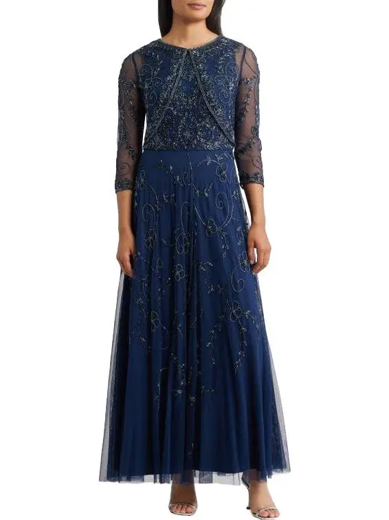 Pisarro Nights Beaded Mesh Gown With Jacket - Navy/navy