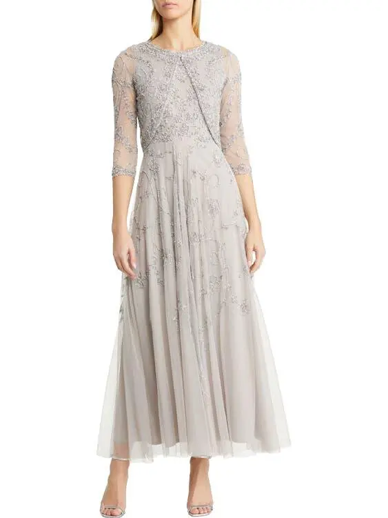 Pisarro Nights Beaded Mesh Gown With Jacket - Silver