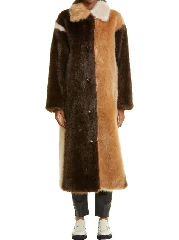 STAND STUDIO Oversized Colorblock Faux Fur Coat - Brown/beige Stripe