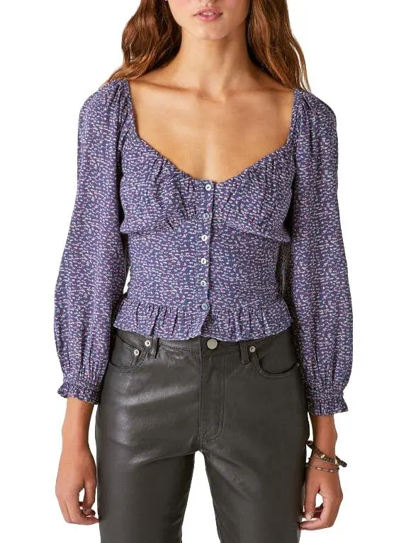 Lucky Brand Floral Smocked Button-up Blouse - Navy Multi