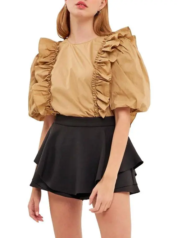 English Factory Double Ruffle Puff Sleeve Blouse - Tawny