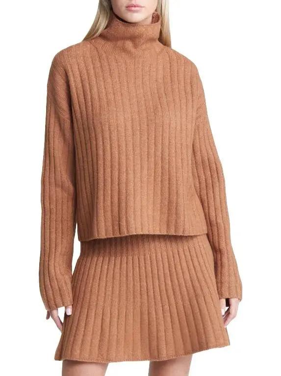 OPEN EDIT Cotton Blend Ribbed Funnel Neck Sweater - Brown Toffee