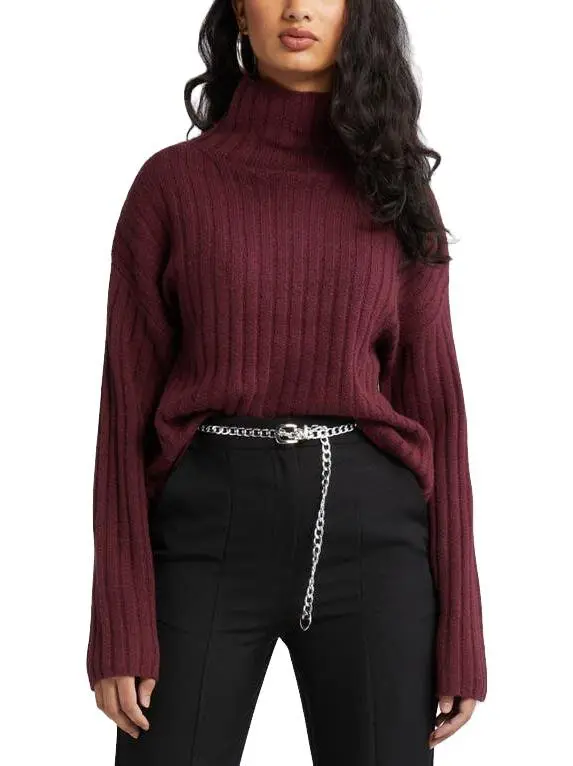 OPEN EDIT Cotton Blend Ribbed Funnel Neck Sweater - Burgundy London