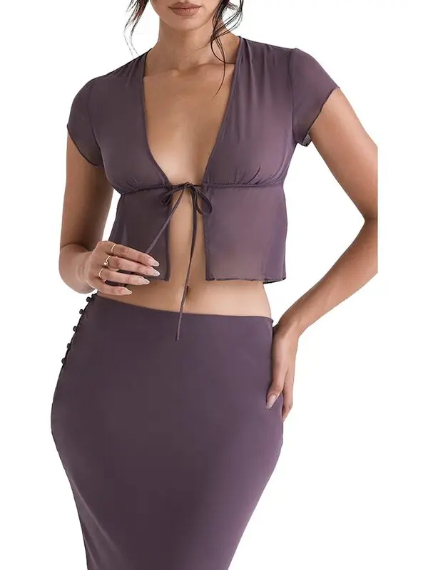 House Of Cb Maia Tie-front Crop Top - Dark Mauve