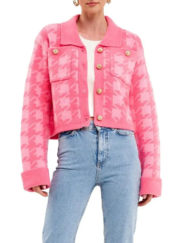 English Factory Houndstooth Cardigan - Hot Pink