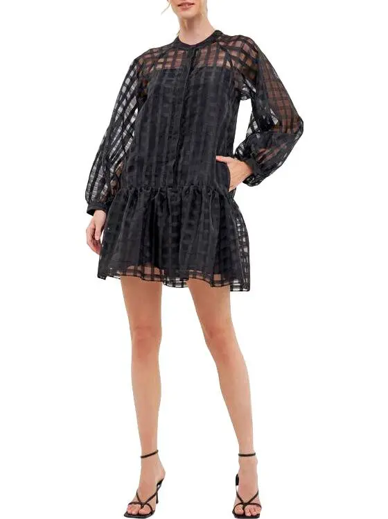 English Factory Check Long Sleeve Organza Dress - Black