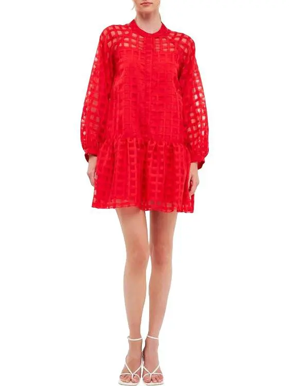 English Factory Check Long Sleeve Organza Dress - Red