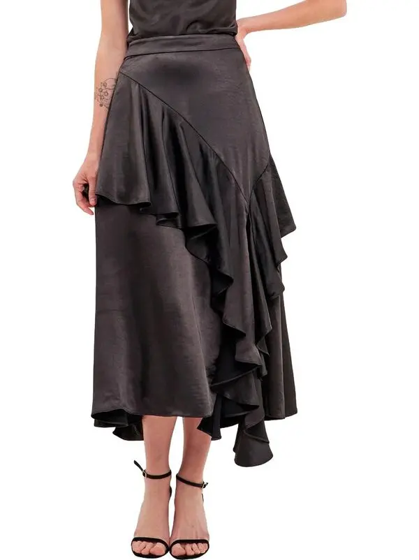 Endless Rose Satin Maxi Skirt With Ruffle Detail - Black
