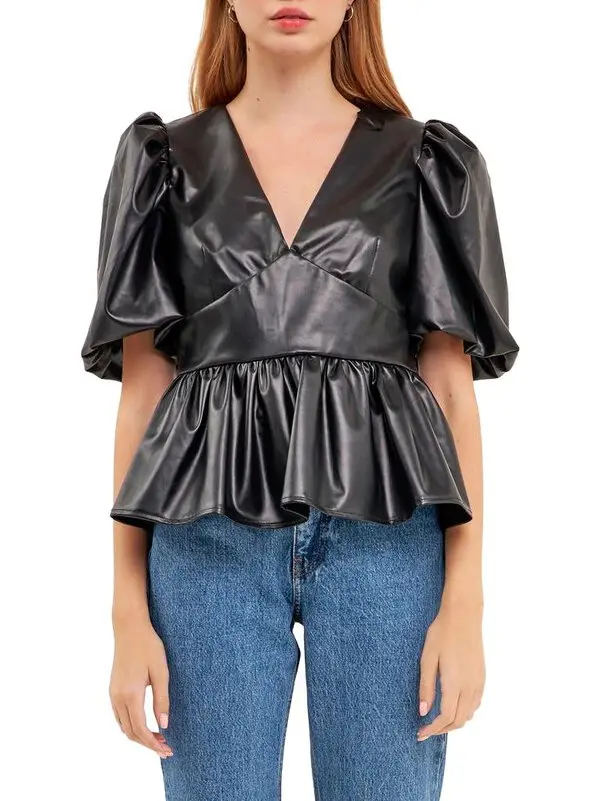 English Factory Puff-sleeve Faux Leather Peplum Top - Black