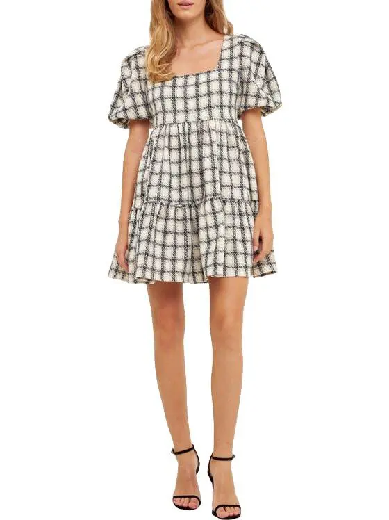 English Factory Gingham Puff Sleeve Tweed Minidress - White