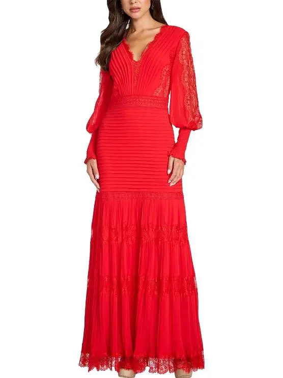 Tadashi Shoji Pintuck Detail Long Sleeve Gown - Cherry