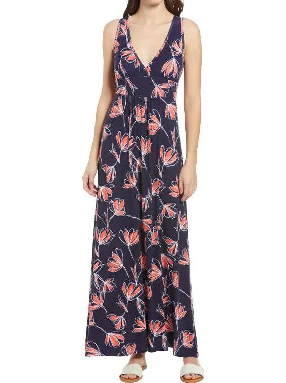 Loveappella Floral Jersey Maxi Dress - Navy/coral