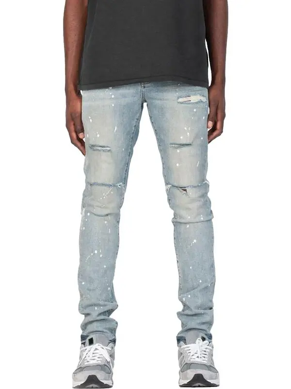 PURPLE BRAND Ripped Paint Splatter Stretch Skinny Jeans - Light Indigo Paint