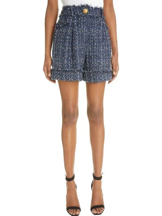 Balmain Pleated Tweed Shorts With Crested Button - Multi-blue