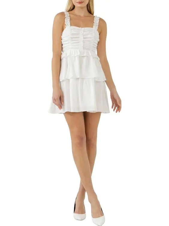 Endless Rose Ruched Tiered Cotton Blend Minidress - White