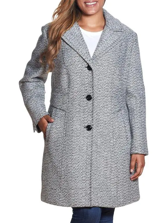 Gallery Tweed Coat With Notch Collar - Black/ White