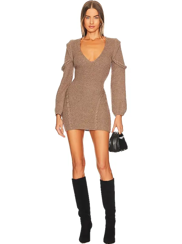 MICHAEL COSTELLO X Malina Deep V Neck Knit Dress - Taupe