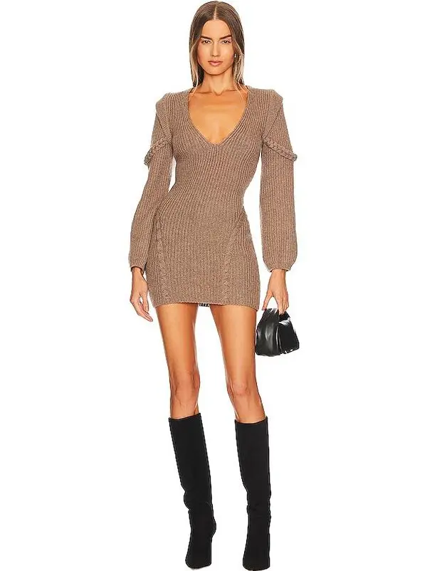 MICHAEL COSTELLO X Malina Deep V Neck Knit Dress - Taupe