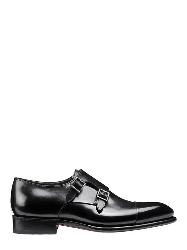 Santoni Carter Cap Toe Double Monk Strap Shoes - Black