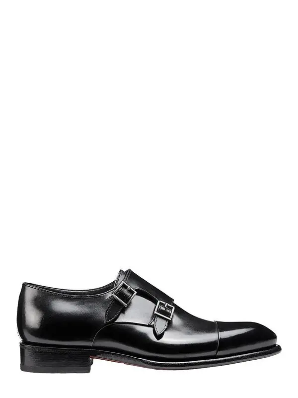 Santoni Carter Cap Toe Double Monk Strap Shoes - Black