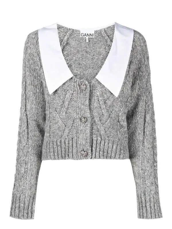 GANNI Contrasting-collar Cable-knit Cardigan - Grey