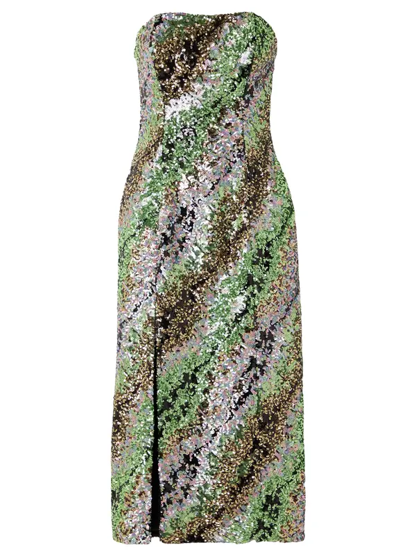 Halpern Strapless Sequined Tulle Midi Dress - Green