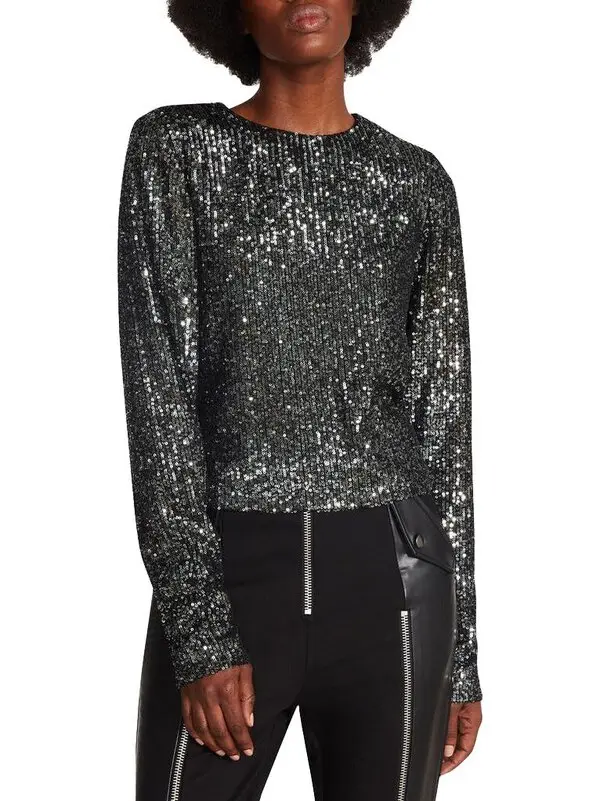 Steve Madden Sequin Long Sleeve Top - Gunmetal