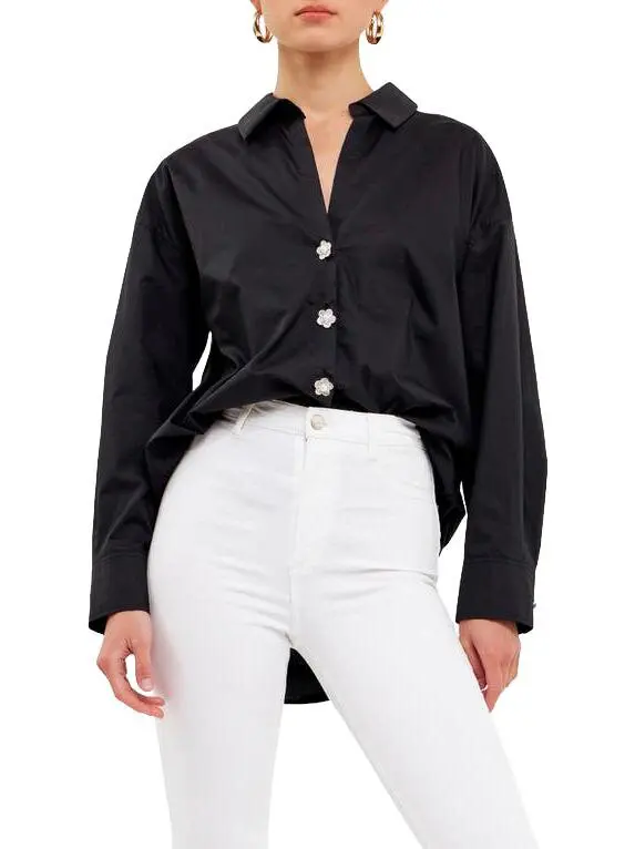 English Factory Imitation Pearl Button-up Shirt - Black