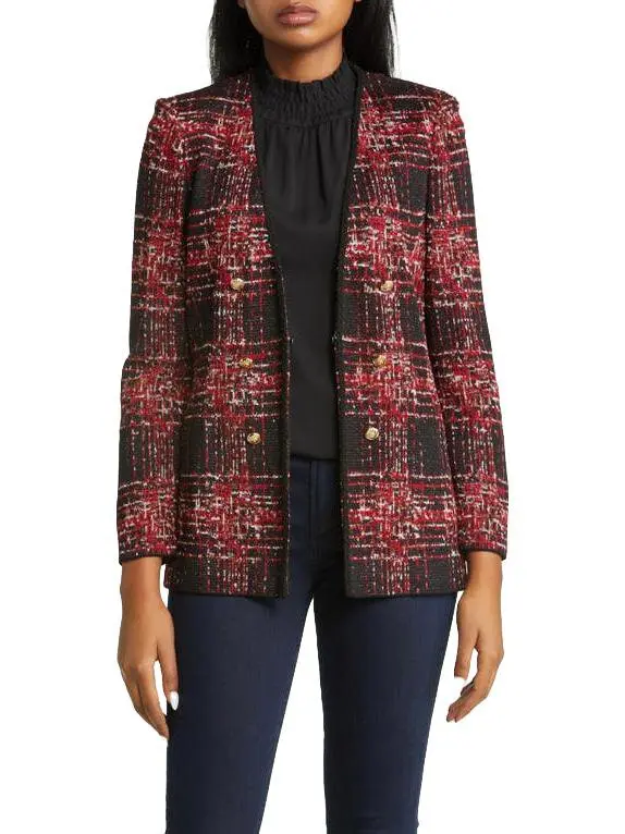 Ming Wang Braided Trim Tweed Jacket - Blk Chrry Red Java Okwd Limstn