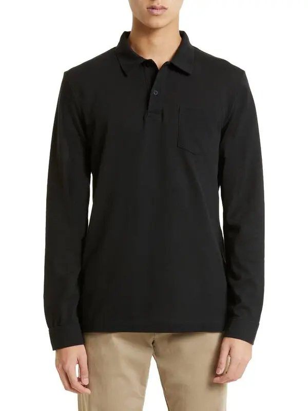 Sunspel Riviera Long Sleeve Cotton Piqué Polo - Black