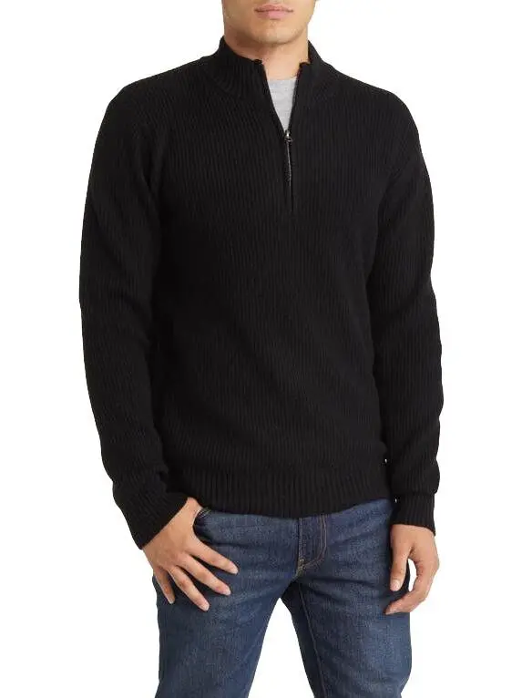 SCHOTT Half Zip Ribbed Wool Blend Sweater - Black