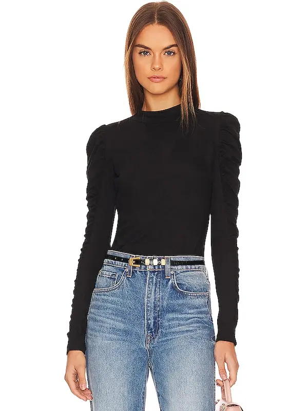 BOBI Shirred Sleeve Turtleneck Top - Black