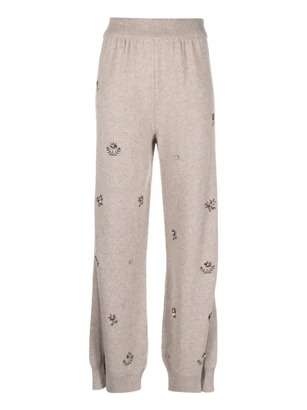 BARRIE Floral-embroidered Cashmere Trousers - Neutrals