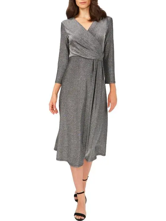 Chaus Three-quarter Sleeve Faux Wrap Midi Dress - Black/silver 013