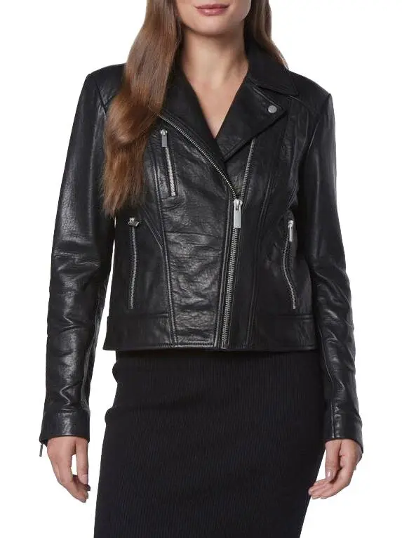 Andrew Marc Carnegie Lambskin Moto Jacket - Black