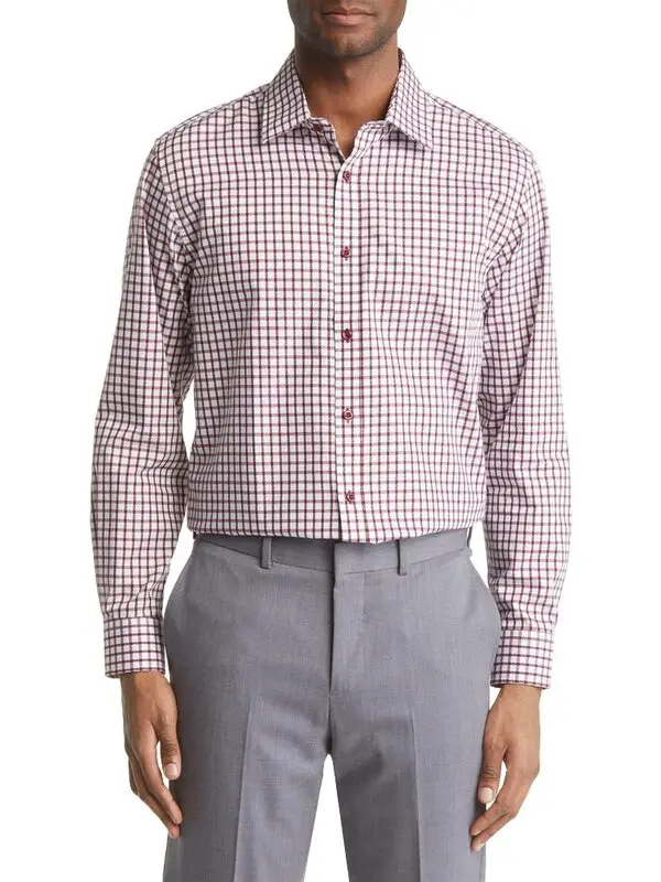 DANIEL HECHTER Trim Fit Windowpane Check Cotton Dress Shirt - Burgundy