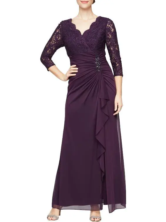Alex Evenings Sequin Embroidery Empire Waist Gown - Eggplant